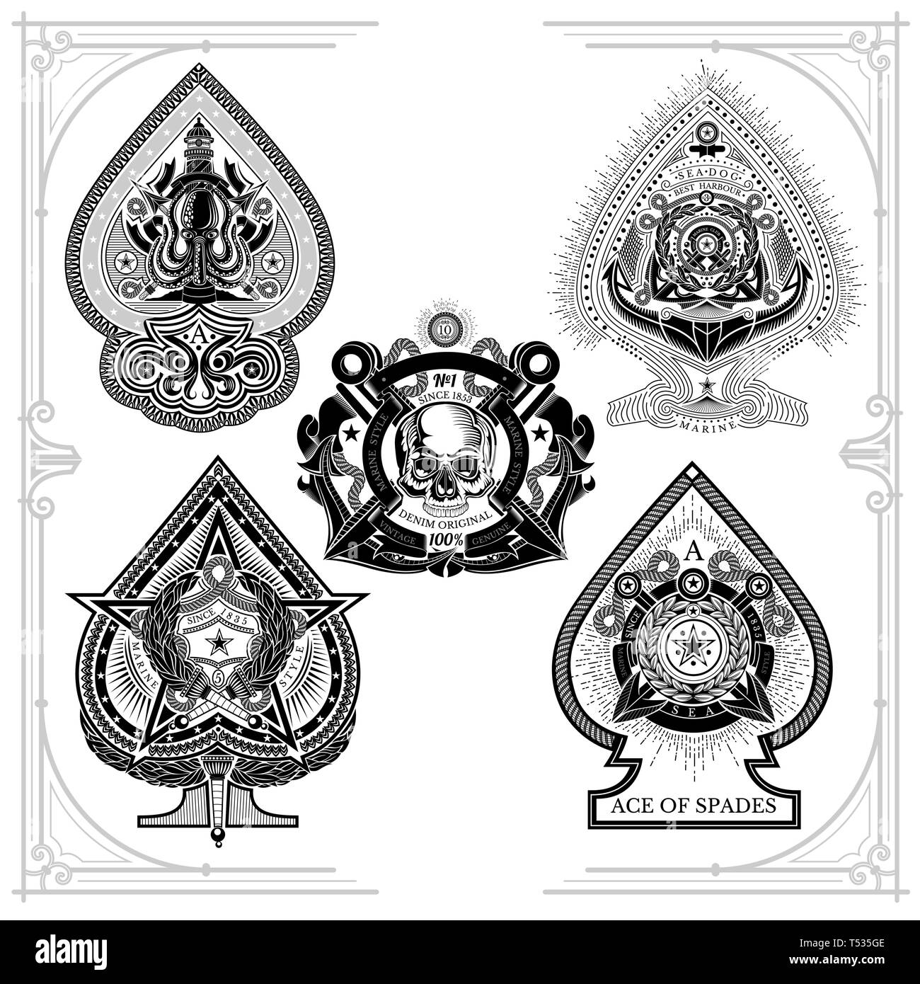 Set of ace of spades marine style with heraldic ellements, octopus ...
