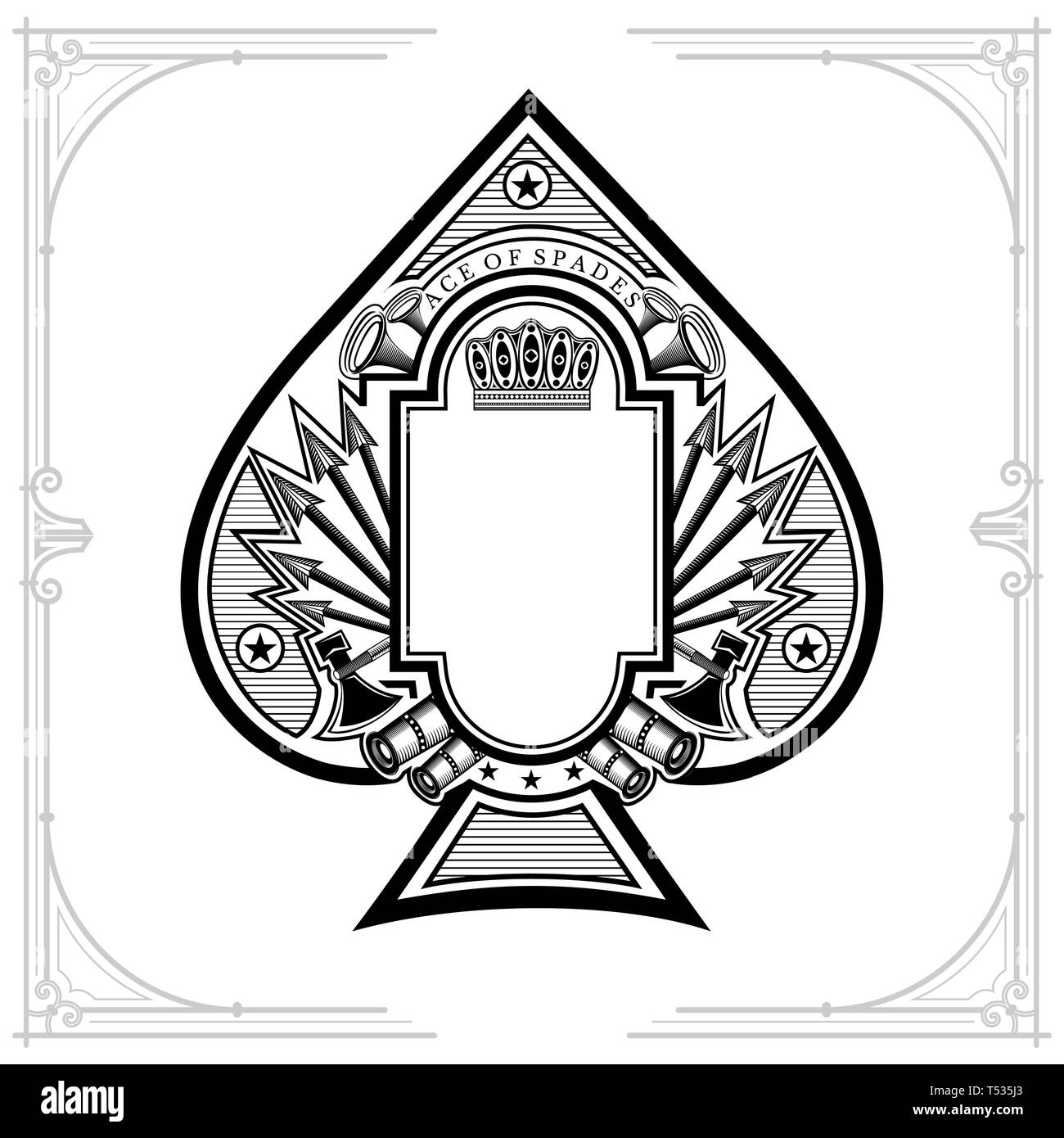 Vintage weapon and arrows with frame in the middle of ace of spades ...