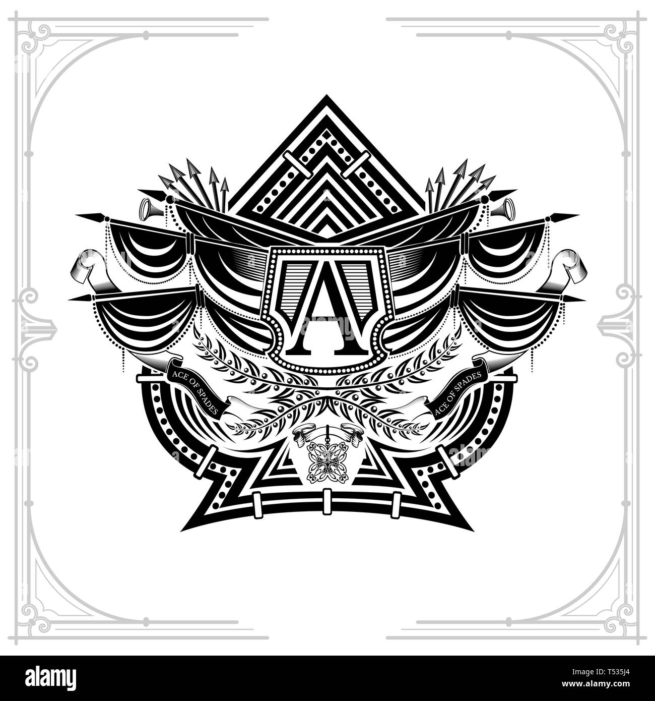 Vintage weapon and frame with wreath in the middle of ace of spades ...