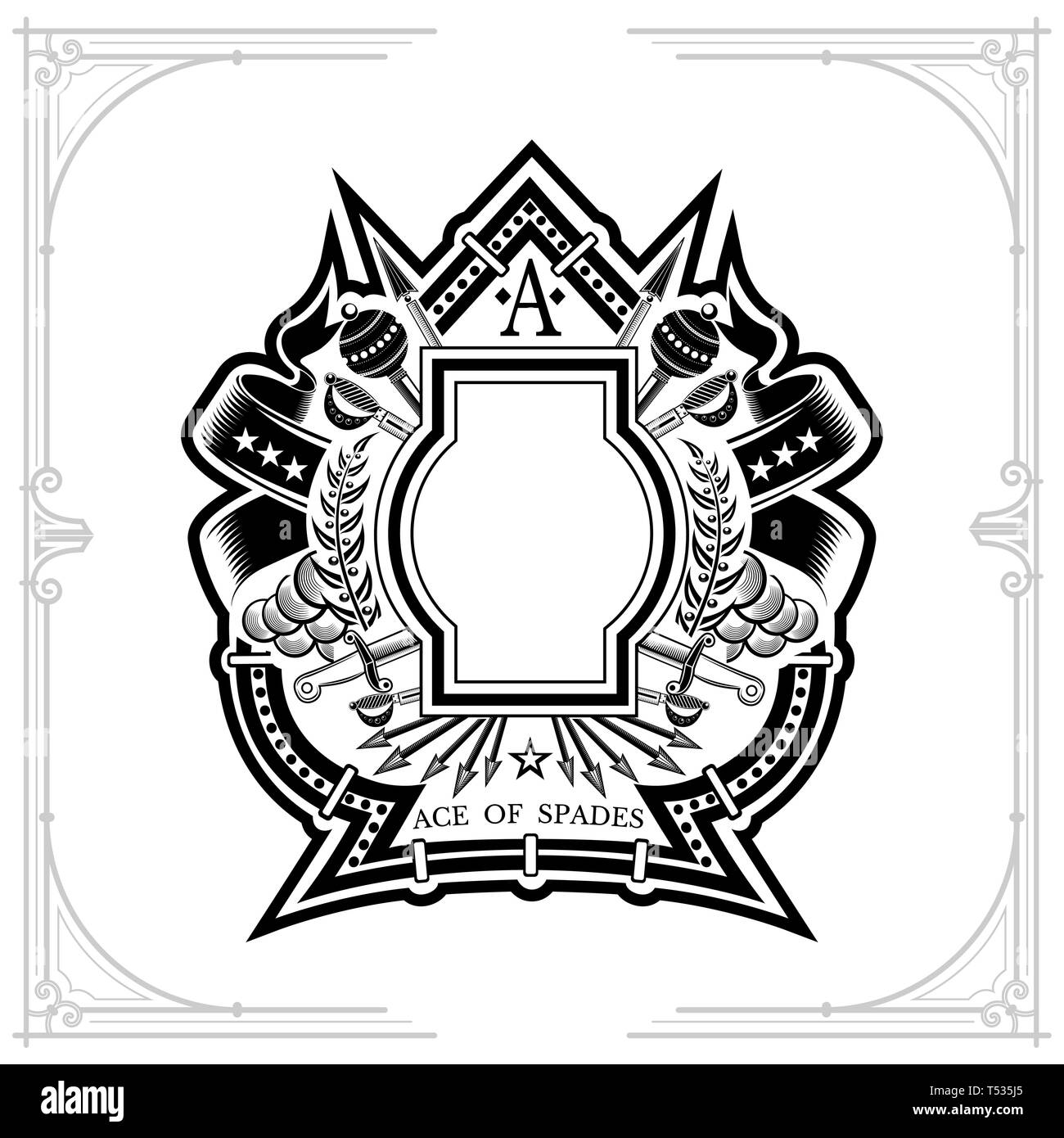 Vintage weapon and frame with wreath in the middle of ace of spades ...