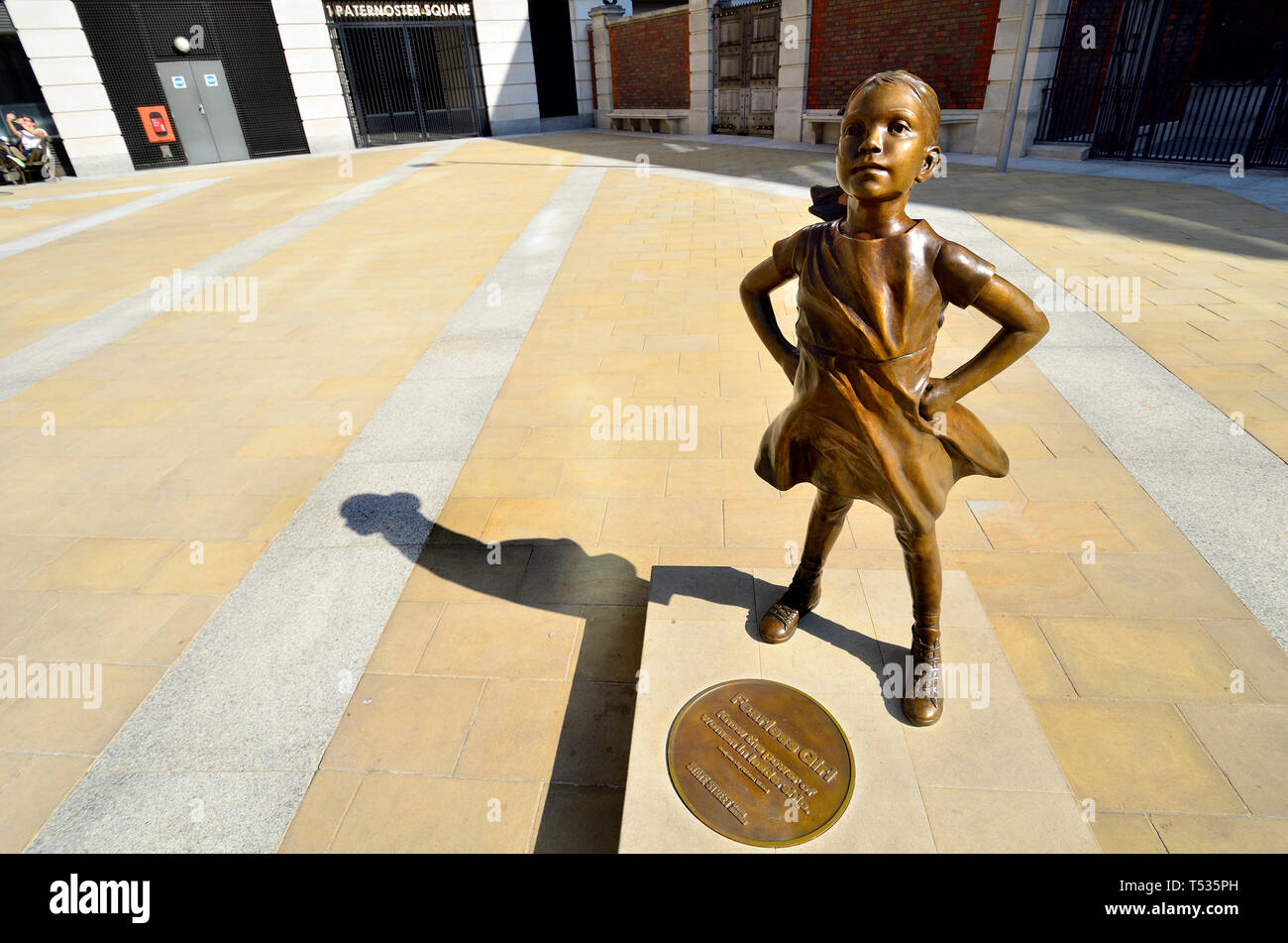 London, England, UK. "Fearless Girl" statue (Kristen Visbal, 2019) copy ...