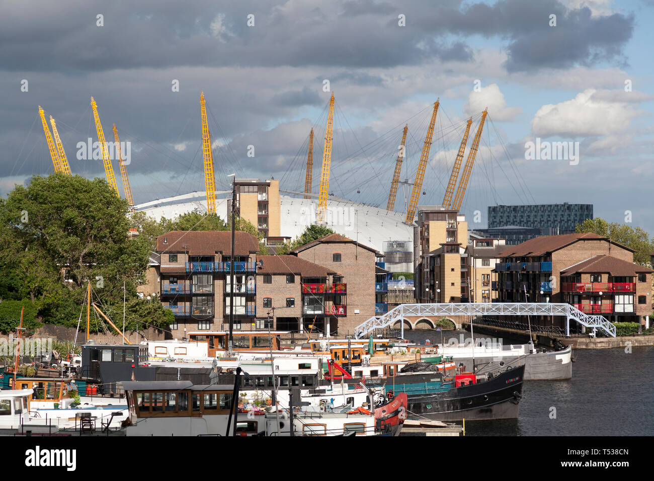 UK, London, Blackwall Basin with the Millenium Dome in the background ...