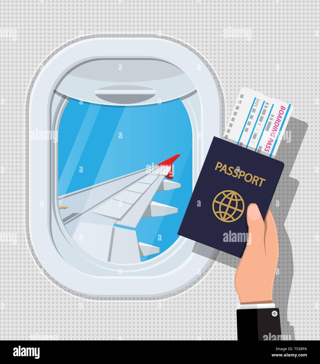 Window from inside the airplane. Hand with passport and ticket ...