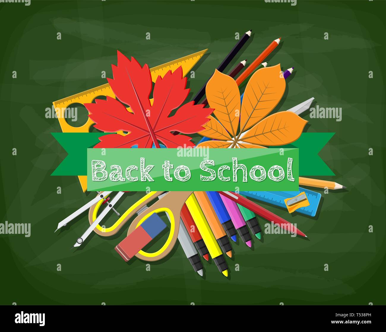 Green chalkboard. Ruler pen pencil scissors books sharpener eraser ...