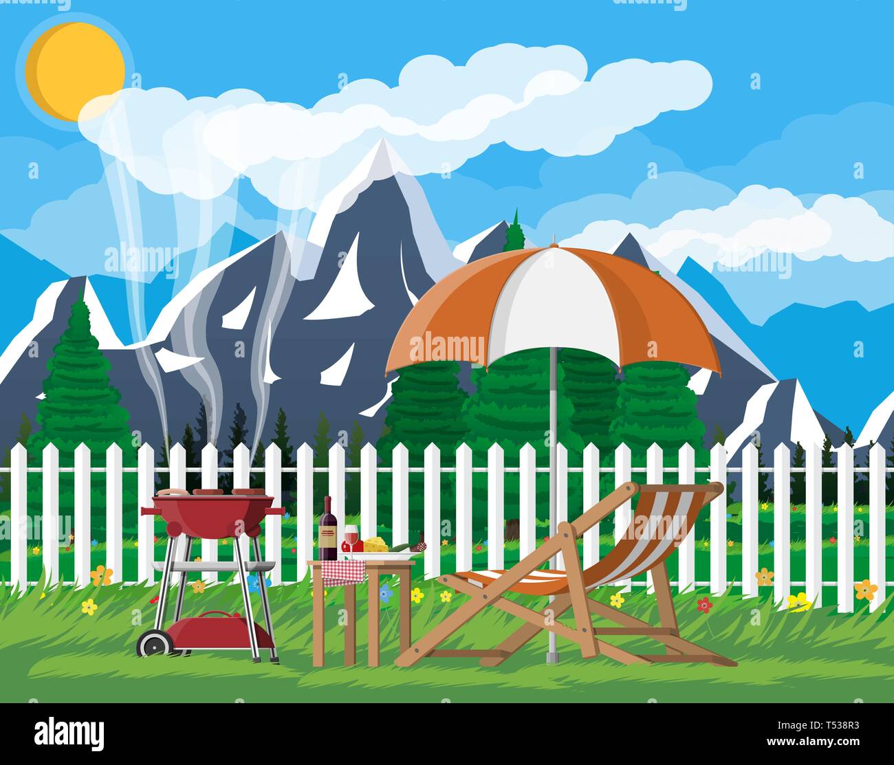 Bbq party. Sun lounger, table with bottle of wine, vegetables and ...