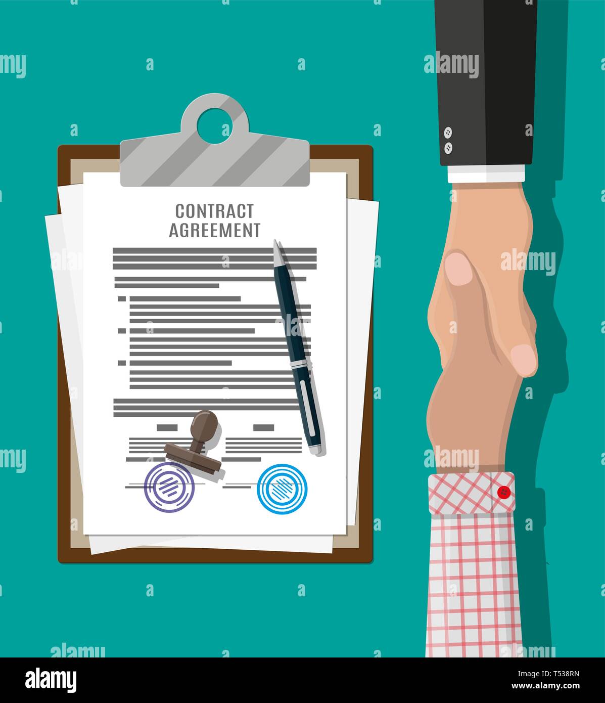 Contract agreement paper blank with seal, pen and handshake ...