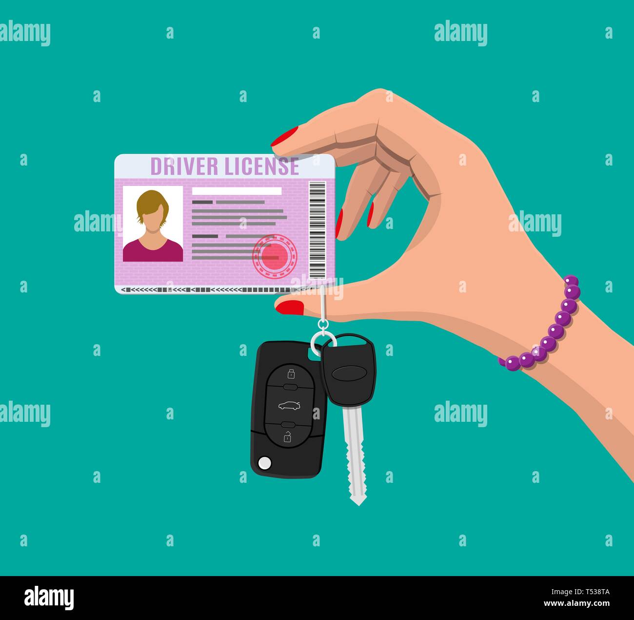 Car driver woman license identification card with photo and car key ...