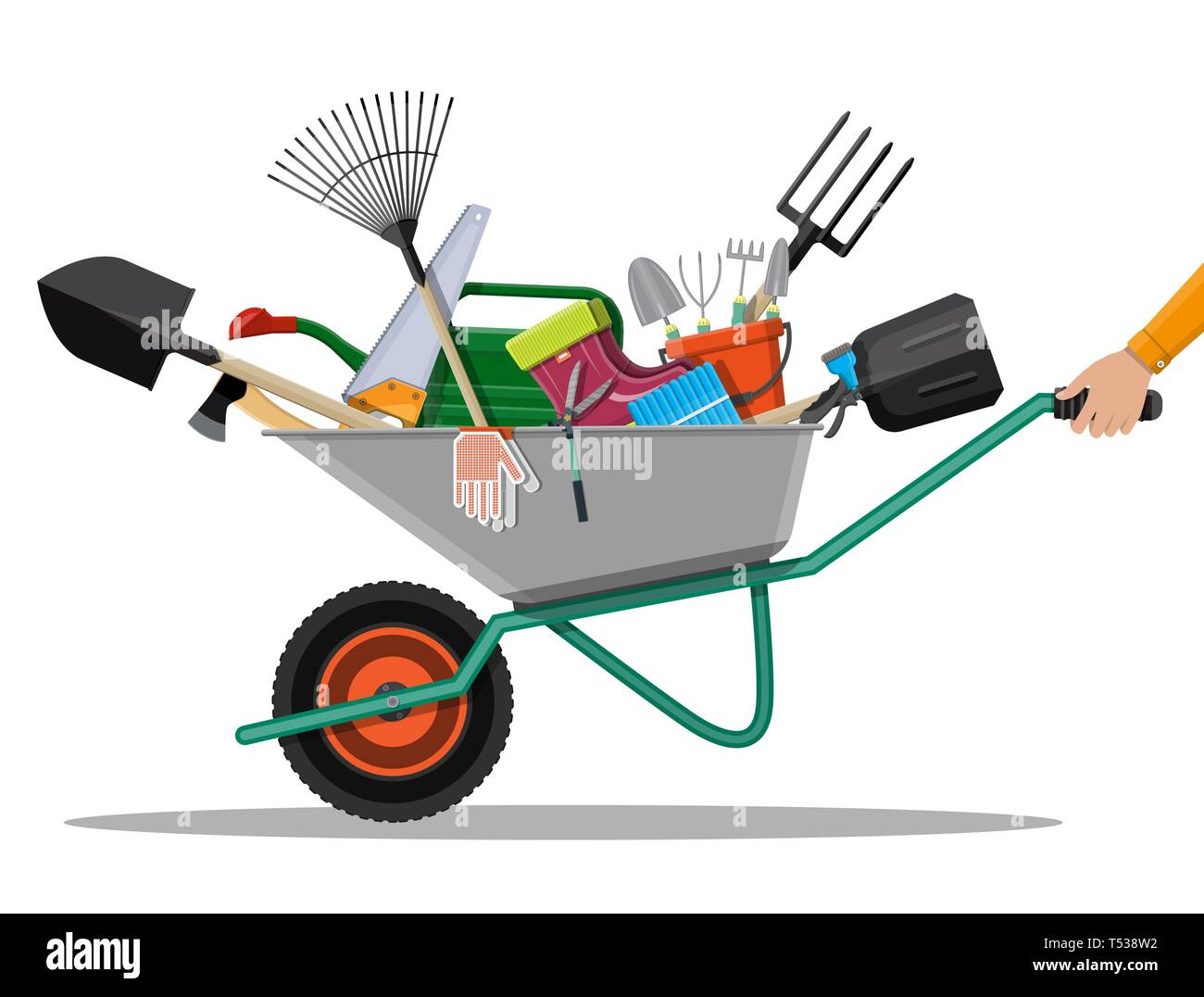 Gardening tools set in wheelbarrow. Equipment for garden. Saw bucket ax ...