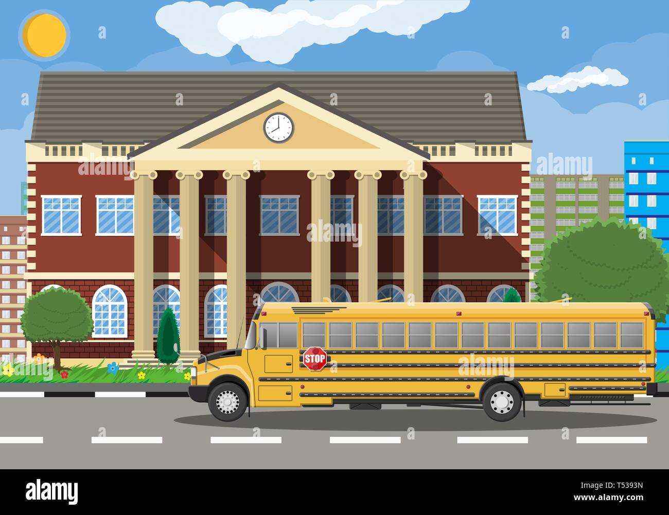 Classical school building and cityscape. Brick facade with clocks ...