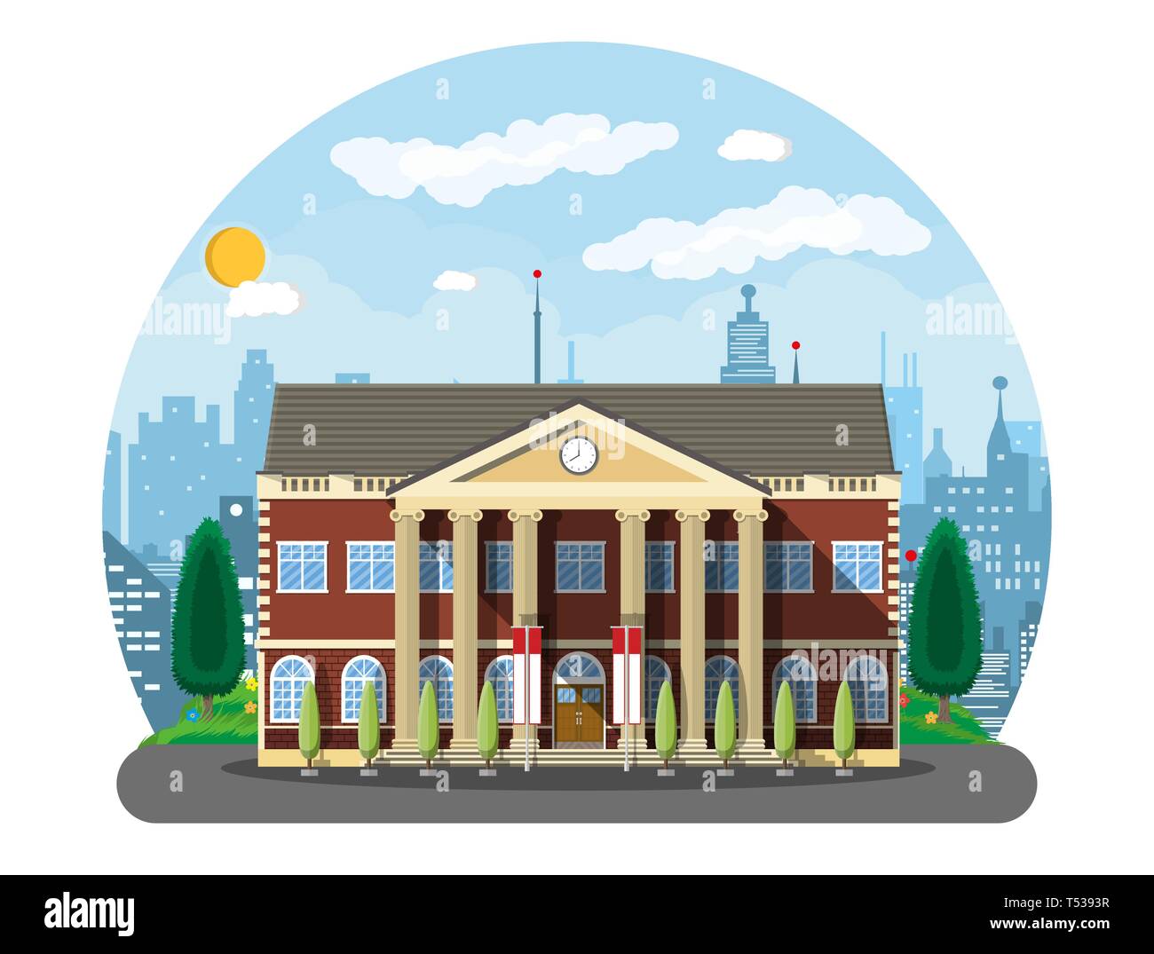 Classical school building and cityscape. Brick facade with clocks ...