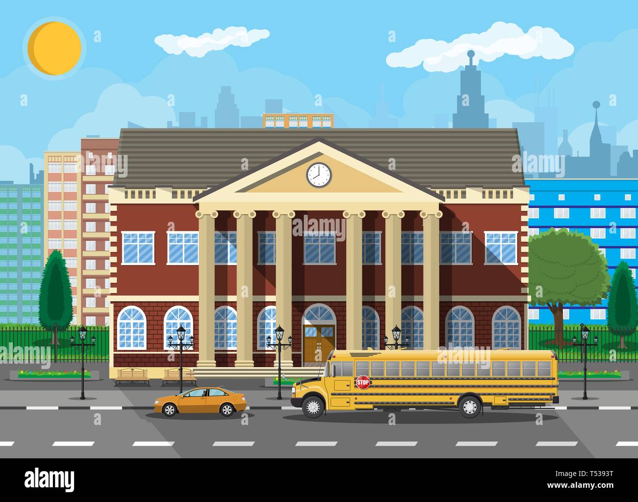 Classical school building and cityscape. Brick facade with clocks ...