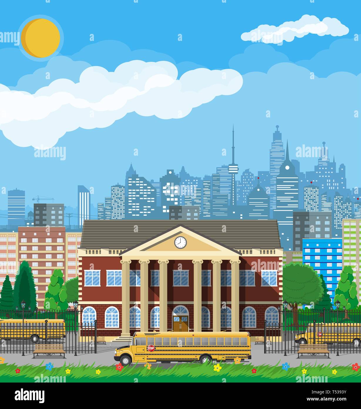 Classical school building and cityscape. Brick facade with clocks ...