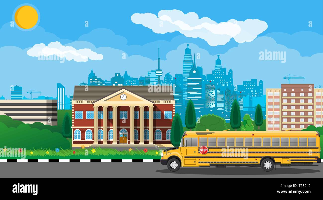 Classical school building and cityscape. Brick facade with clocks ...