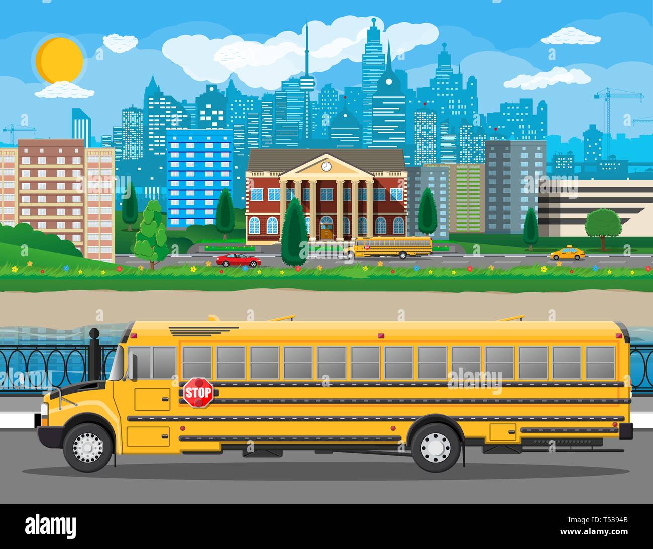 Classical school building and cityscape. Brick facade with clocks ...