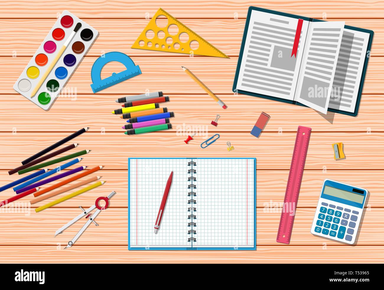 Students wooden desk. School or college education items, studying and ...