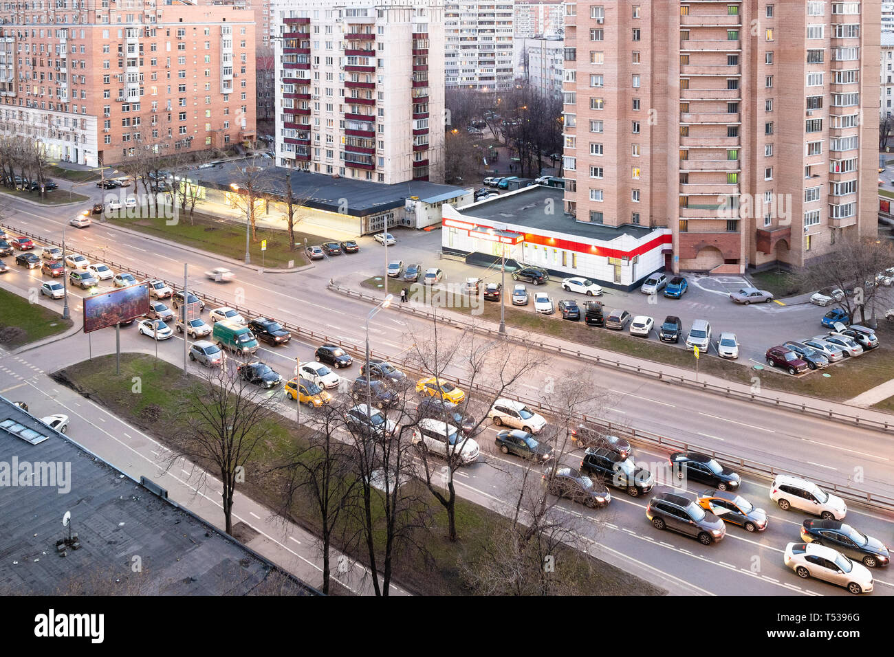 above view of traffic jam on Bolshaya Akademicheskaya street in Moscow ...