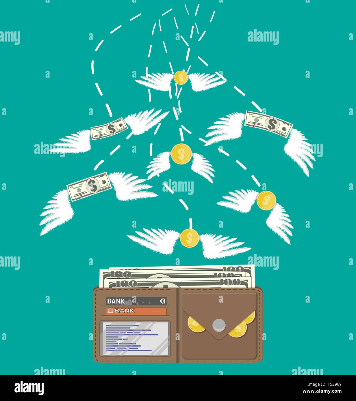 Dollars and coins with wings flying in wallet. Prize, money payroll ...