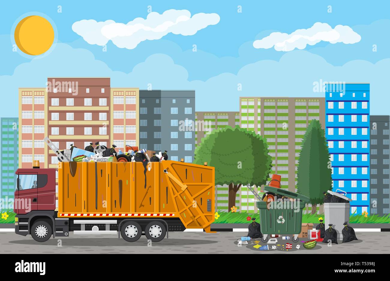 Truck for assembling, transportation garbage. Car waste disposal. Can ...