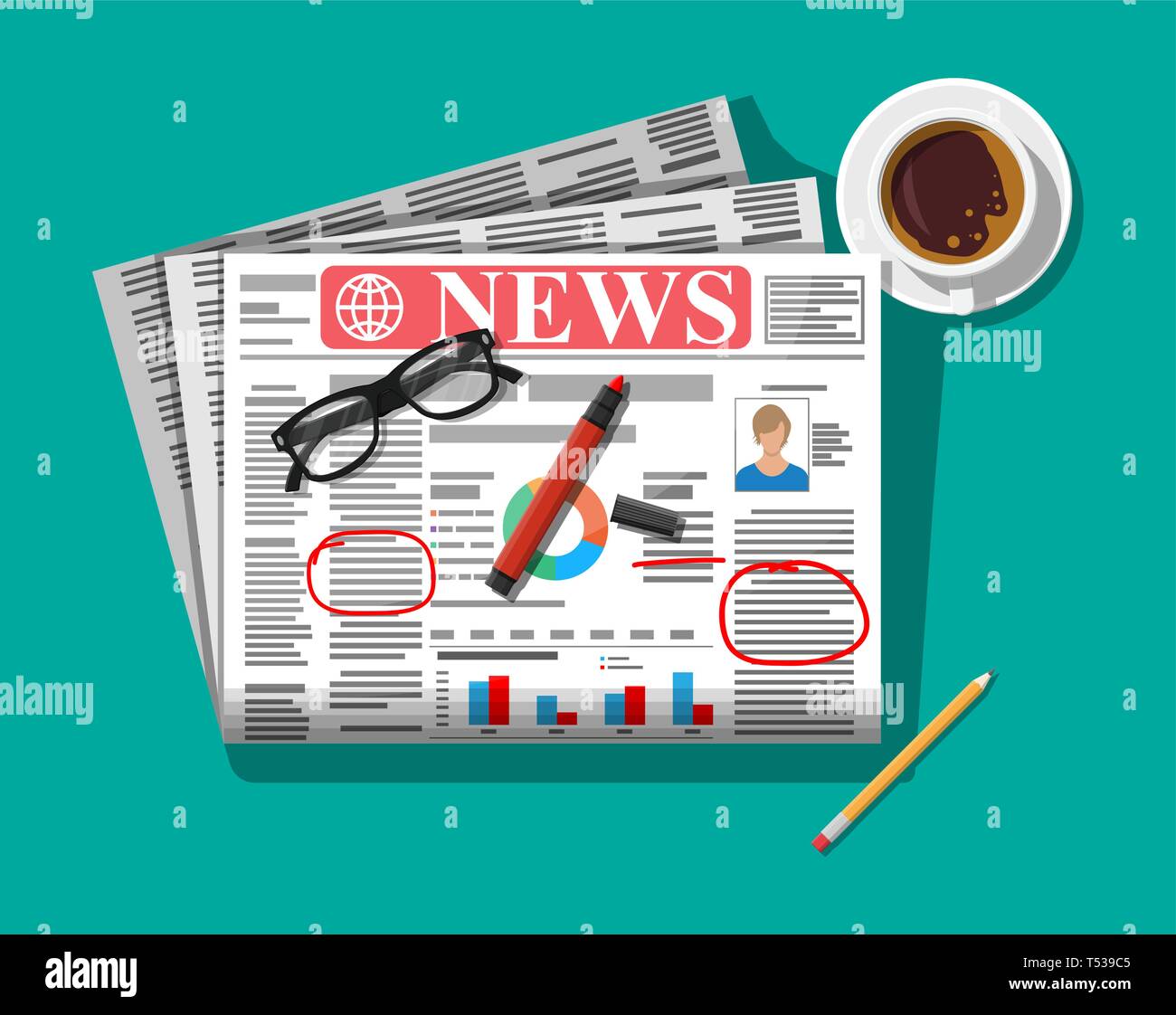 Newspaper with notes and reminders, cup of coffee, pencil. Morning ...