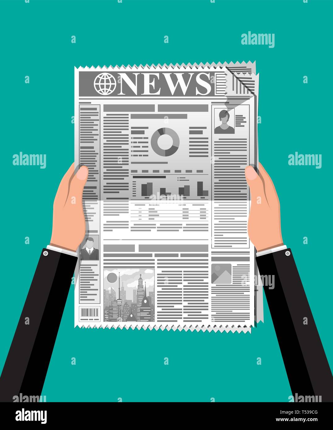 Daily newspaper in hands. News journal design. Pages with various ...