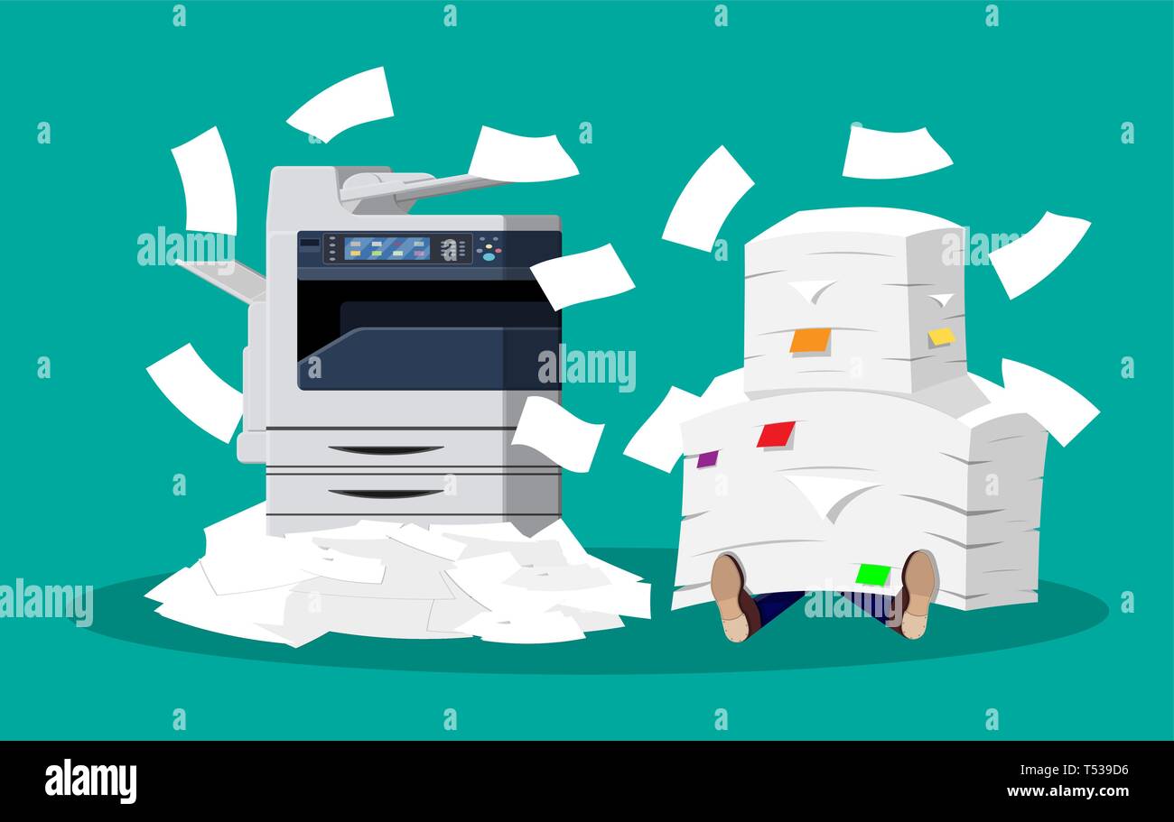 Office multifunction machine. Pile of paper documents. Bureaucracy ...