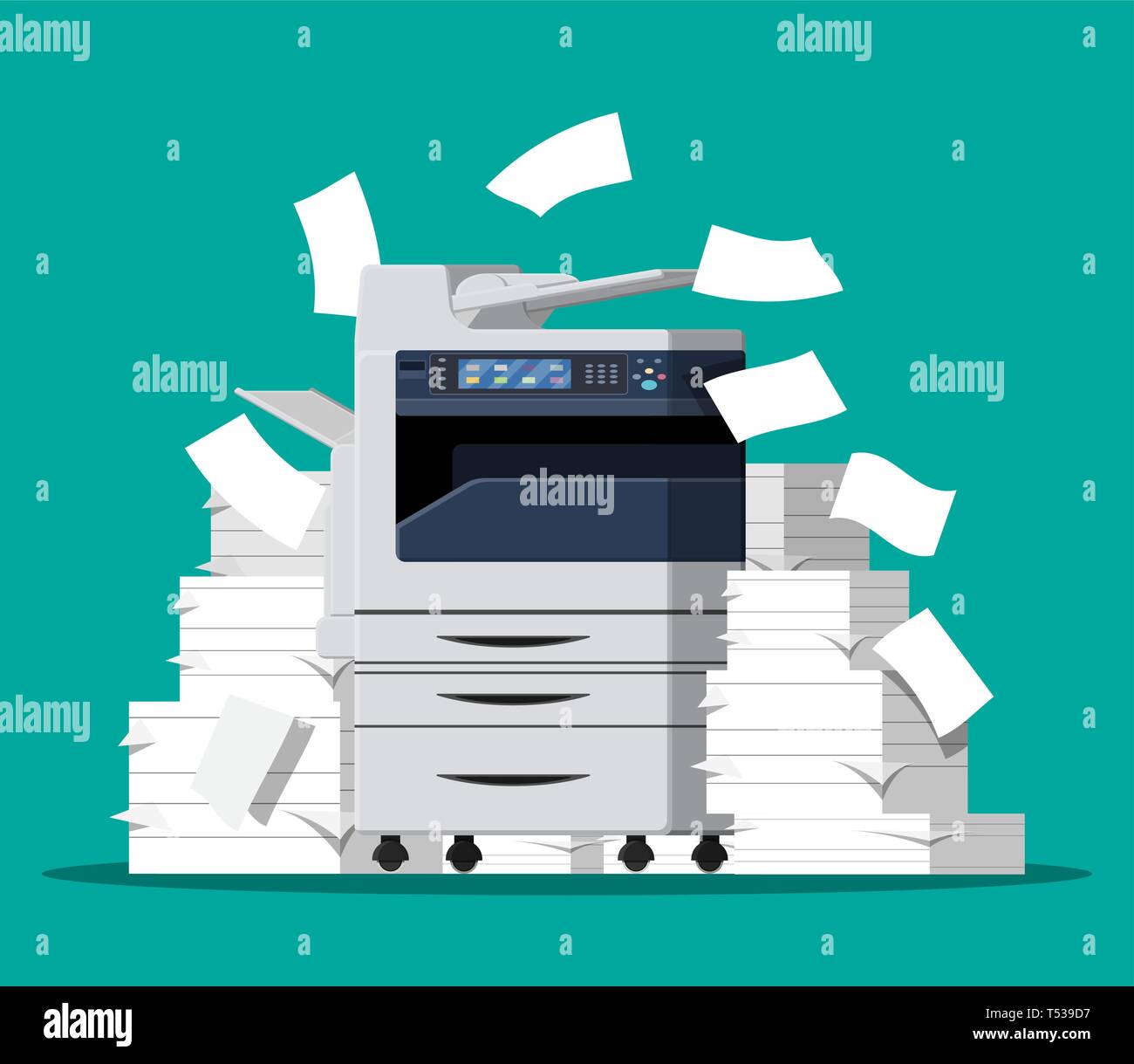 Office multifunction machine. Pile of paper documents. Bureaucracy ...