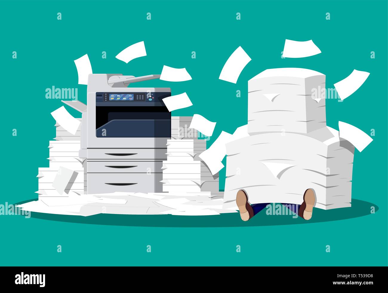 Businessman in pile of papers. Office multifunction machine ...