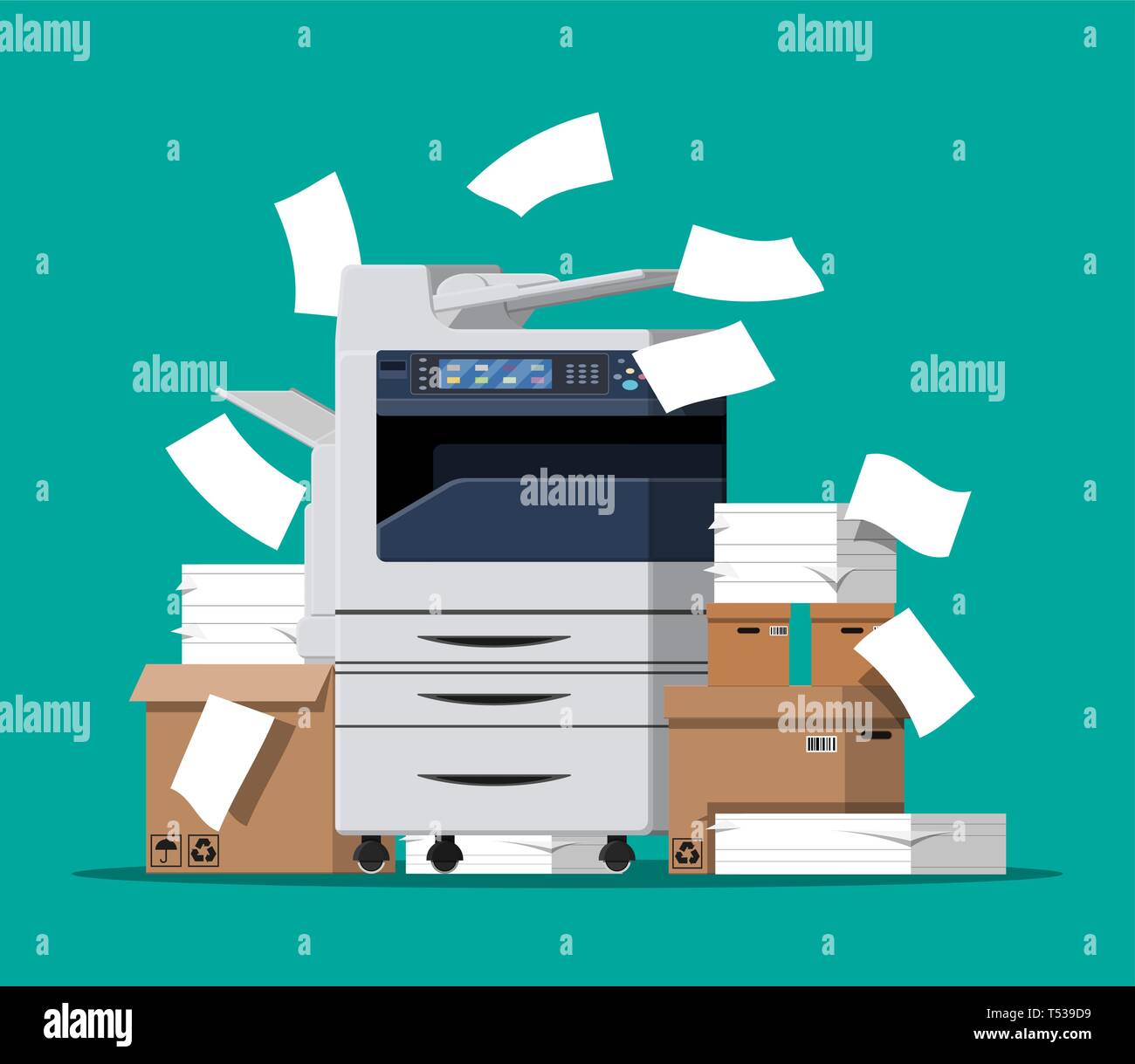 Office multifunction machine. Pile of paper documents, boxes and ...