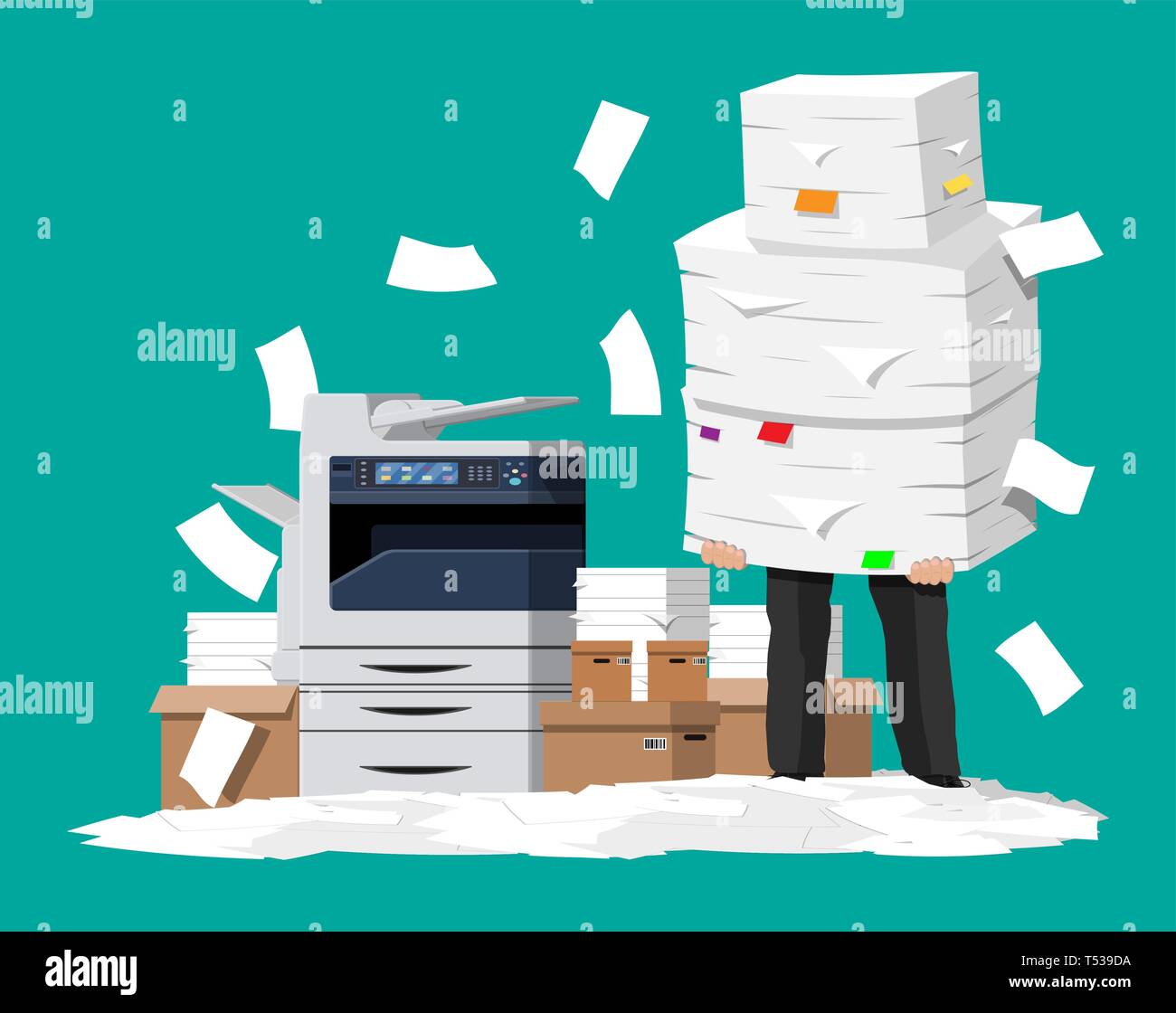 Businessman in pile of papers. Office multifunction machine ...
