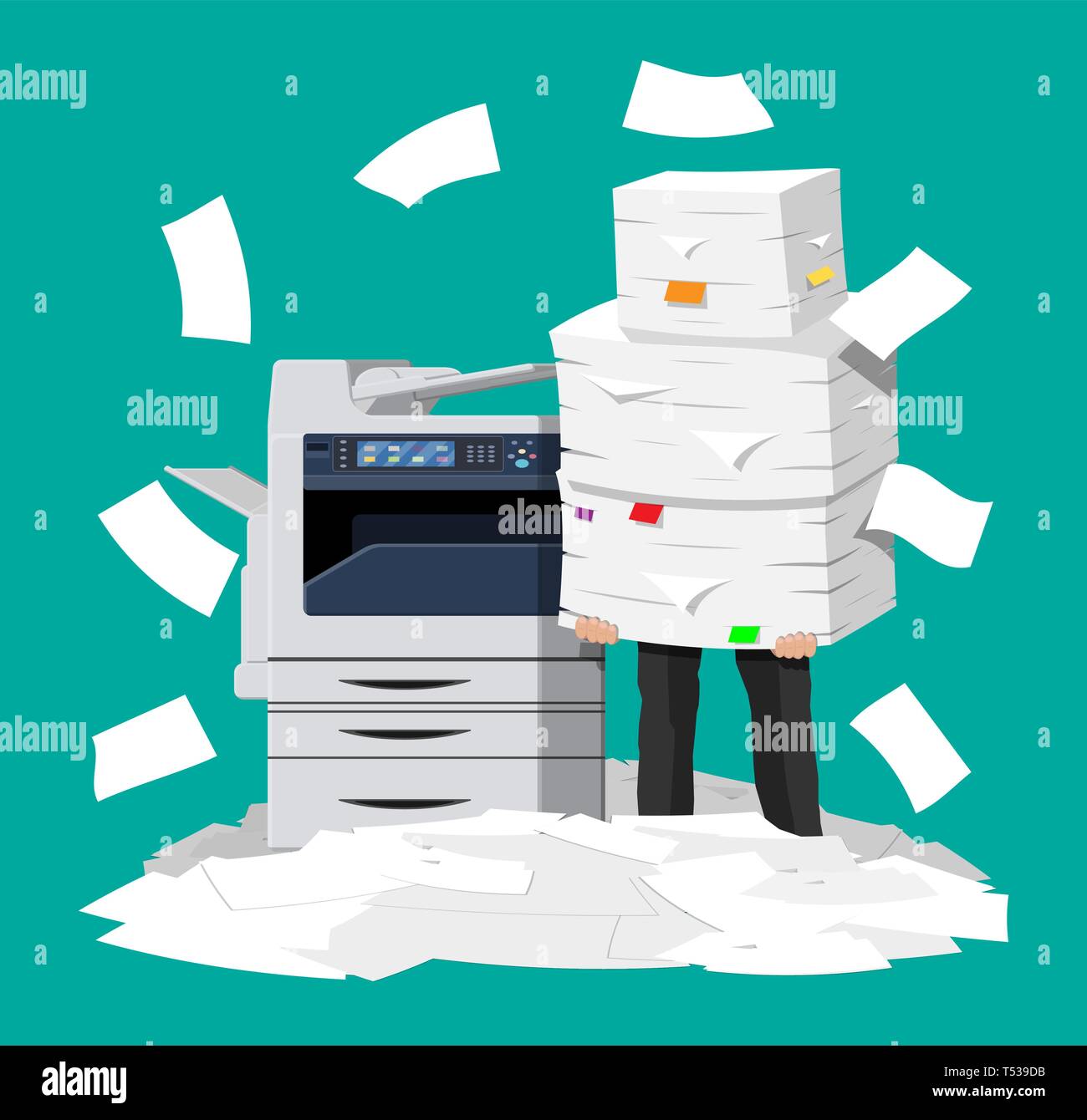Businessman in pile of papers. Office multifunction machine ...