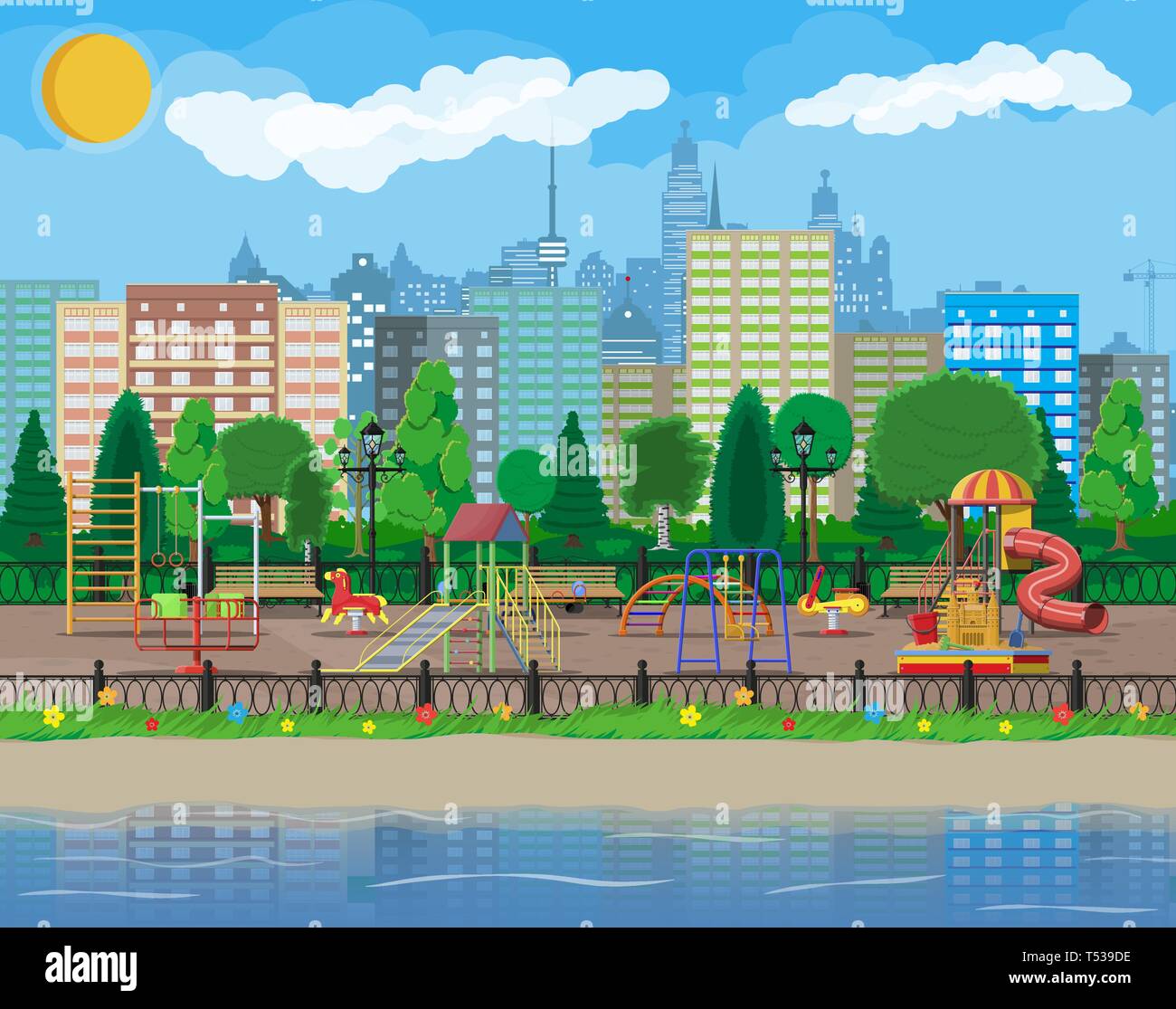 Kids playground kindergarten panorama. Urban child amusement. Slide ...