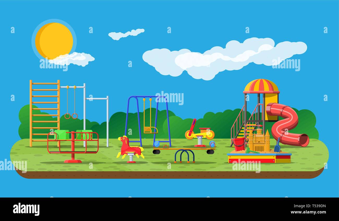 Kids playground kindergarten panorama. Urban child amusement. Slide ...