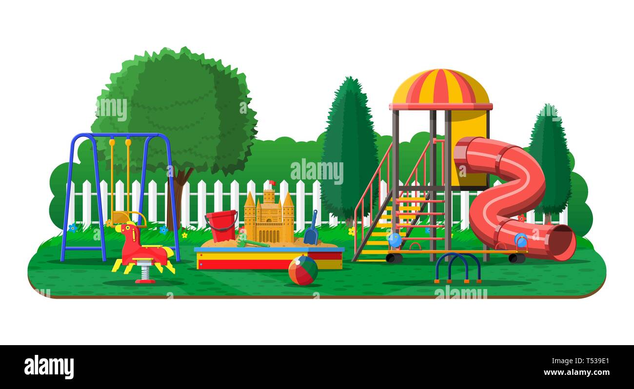 Kids playground kindergarten panorama. Urban child amusement. Slide ...