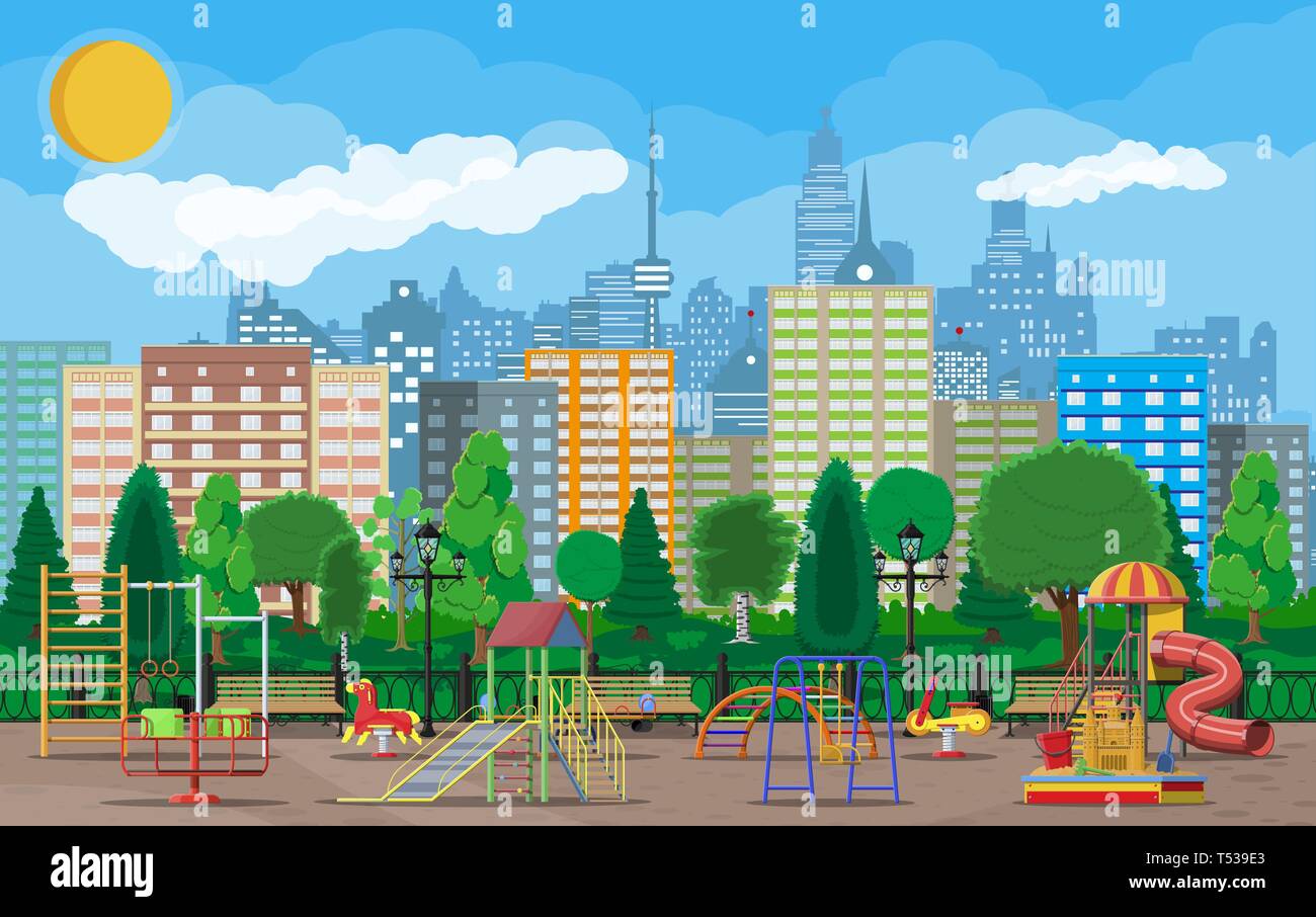 Kids playground kindergarten panorama. Urban child amusement. Slide ...