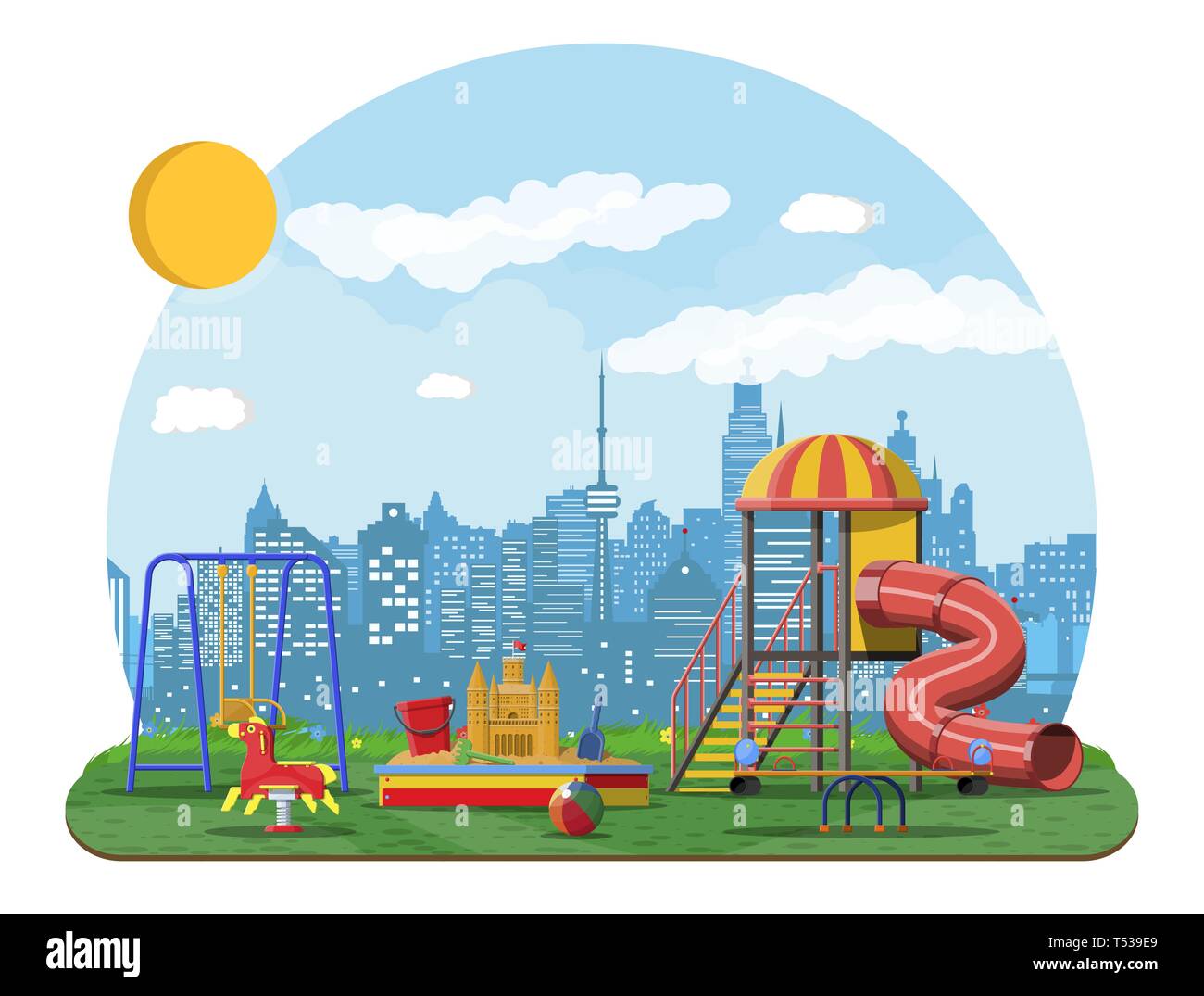 Kids playground kindergarten panorama. Urban child amusement. Slide ...