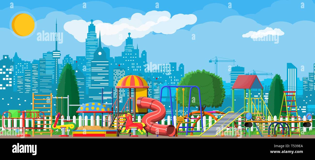 Kids playground kindergarten panorama. Urban child amusement. Slide ...