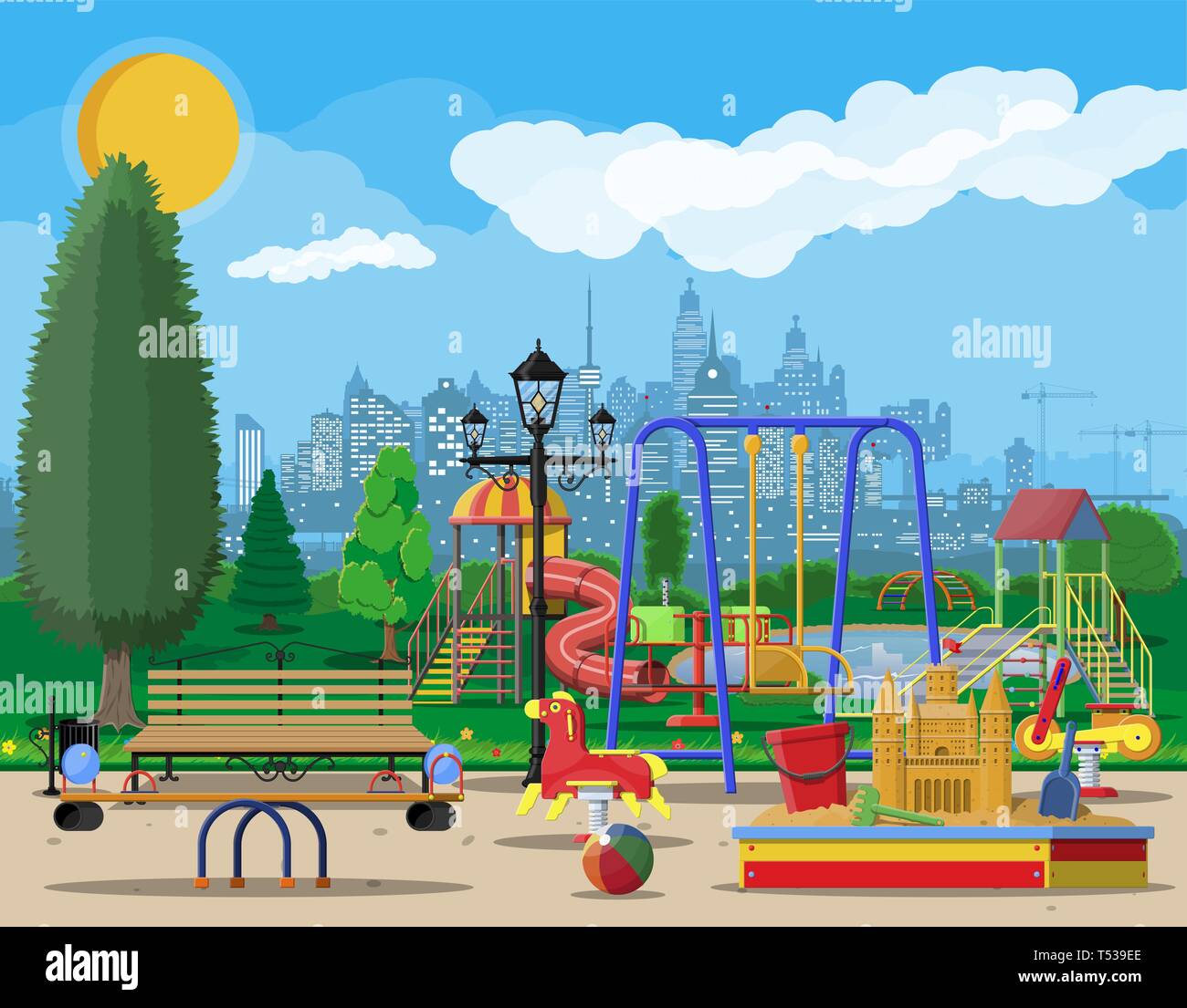 Kids playground kindergarten panorama. Urban child amusement. Slide ...