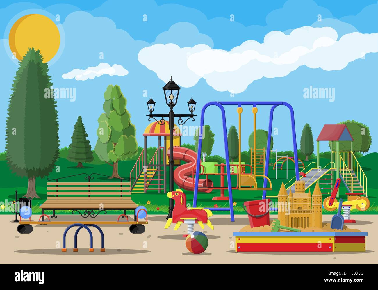 Kids playground kindergarten panorama. Urban child amusement. Slide ...