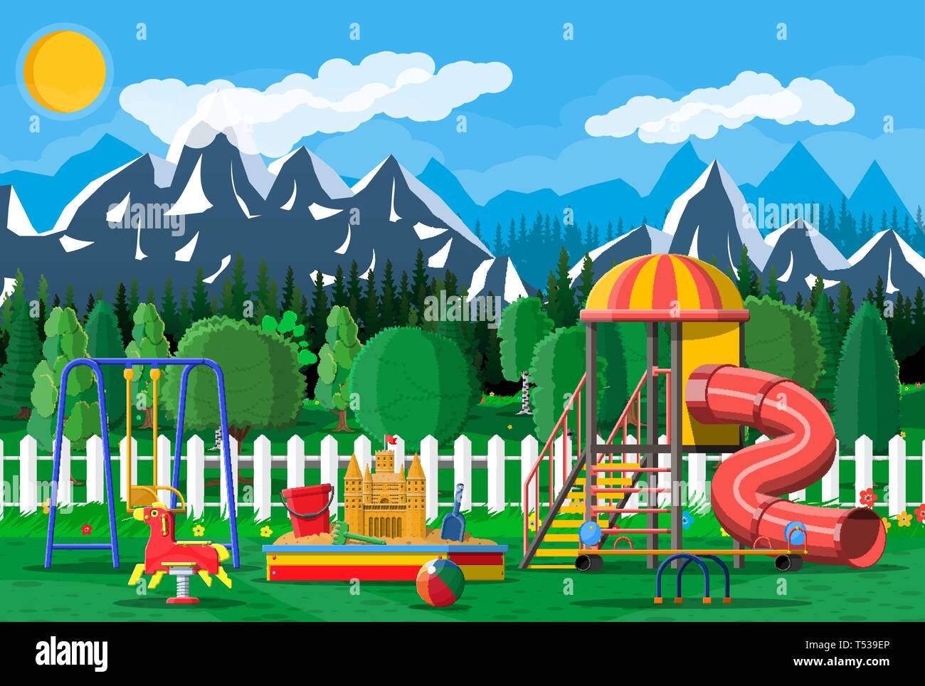 Kids playground kindergarten panorama. Urban child amusement. Slide ...