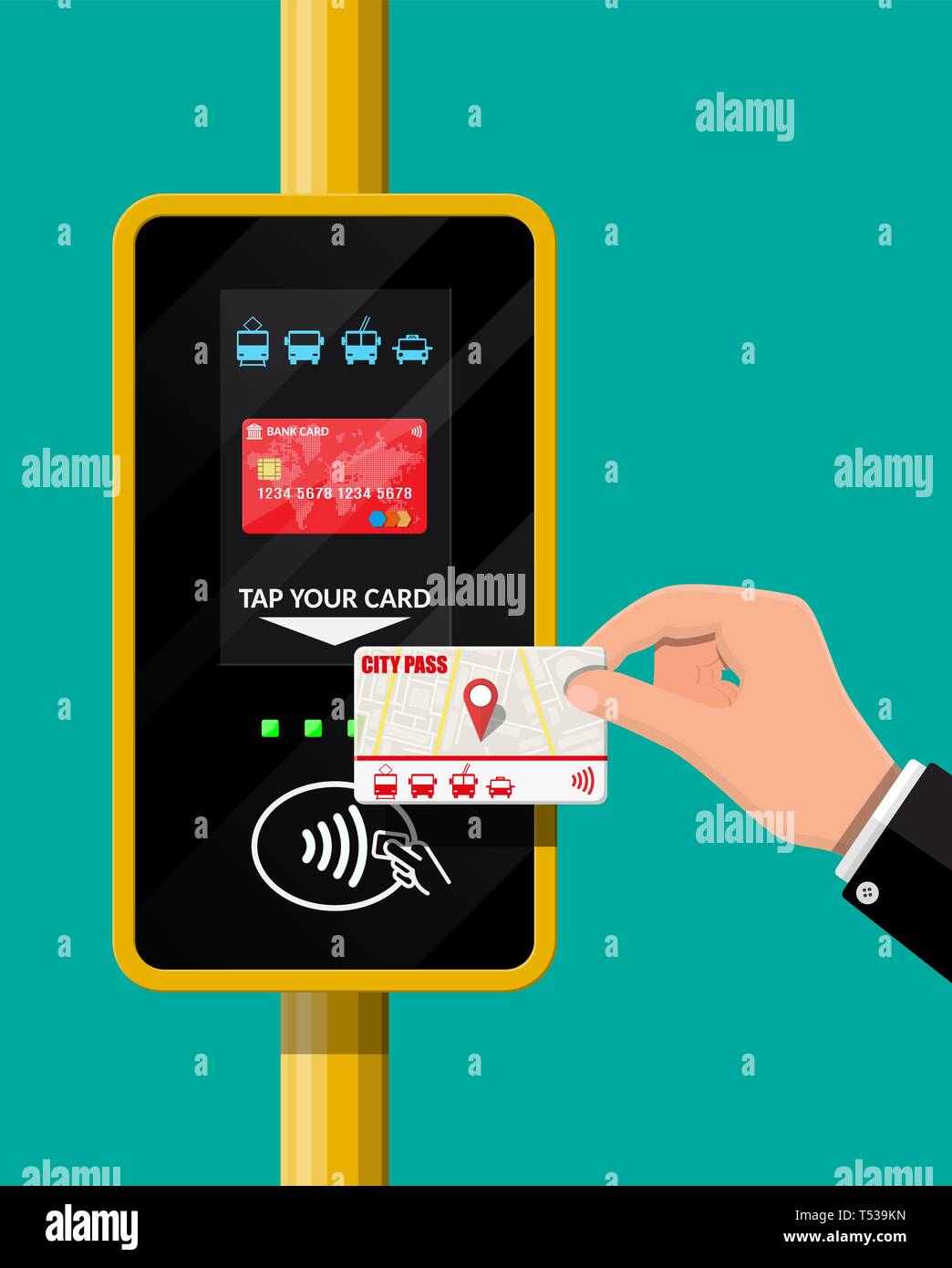 Terminal and passenger transport card in hand. Airport, metro, bus ...