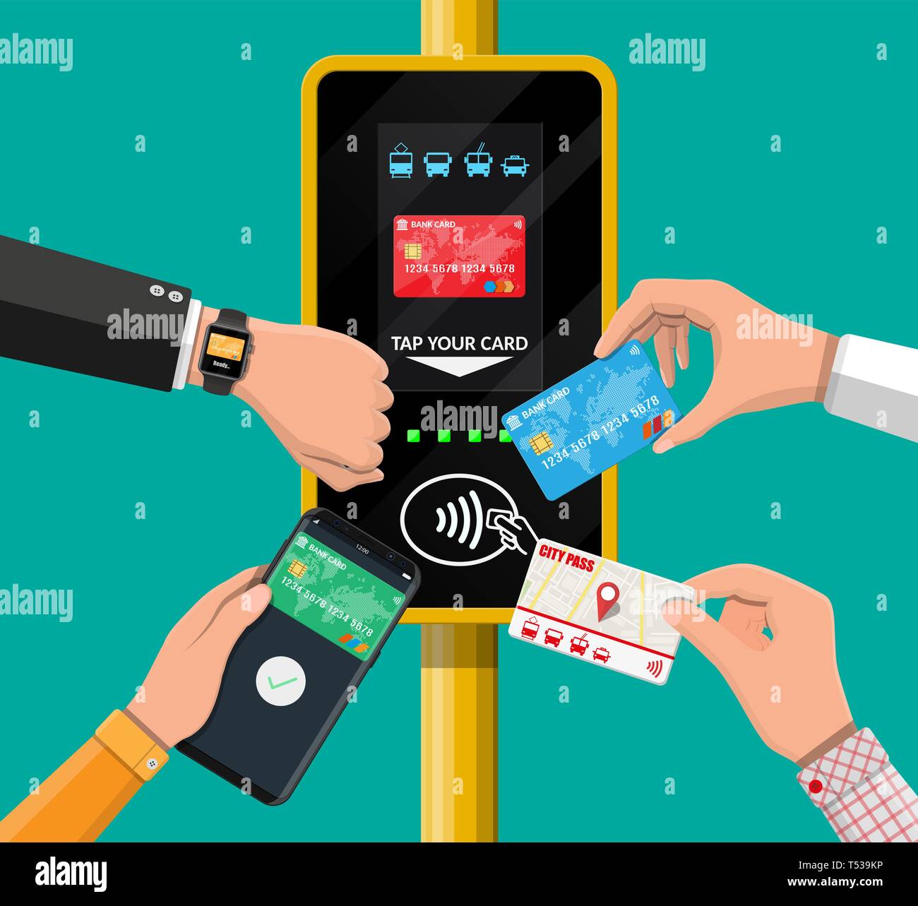 Hands with transport card, smartphone, smartwatch and bank card near ...
