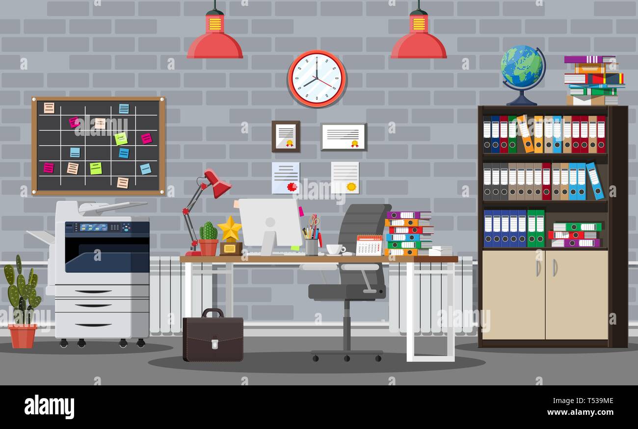 Office building interior. Desk with computer, chair, lamp, books and ...