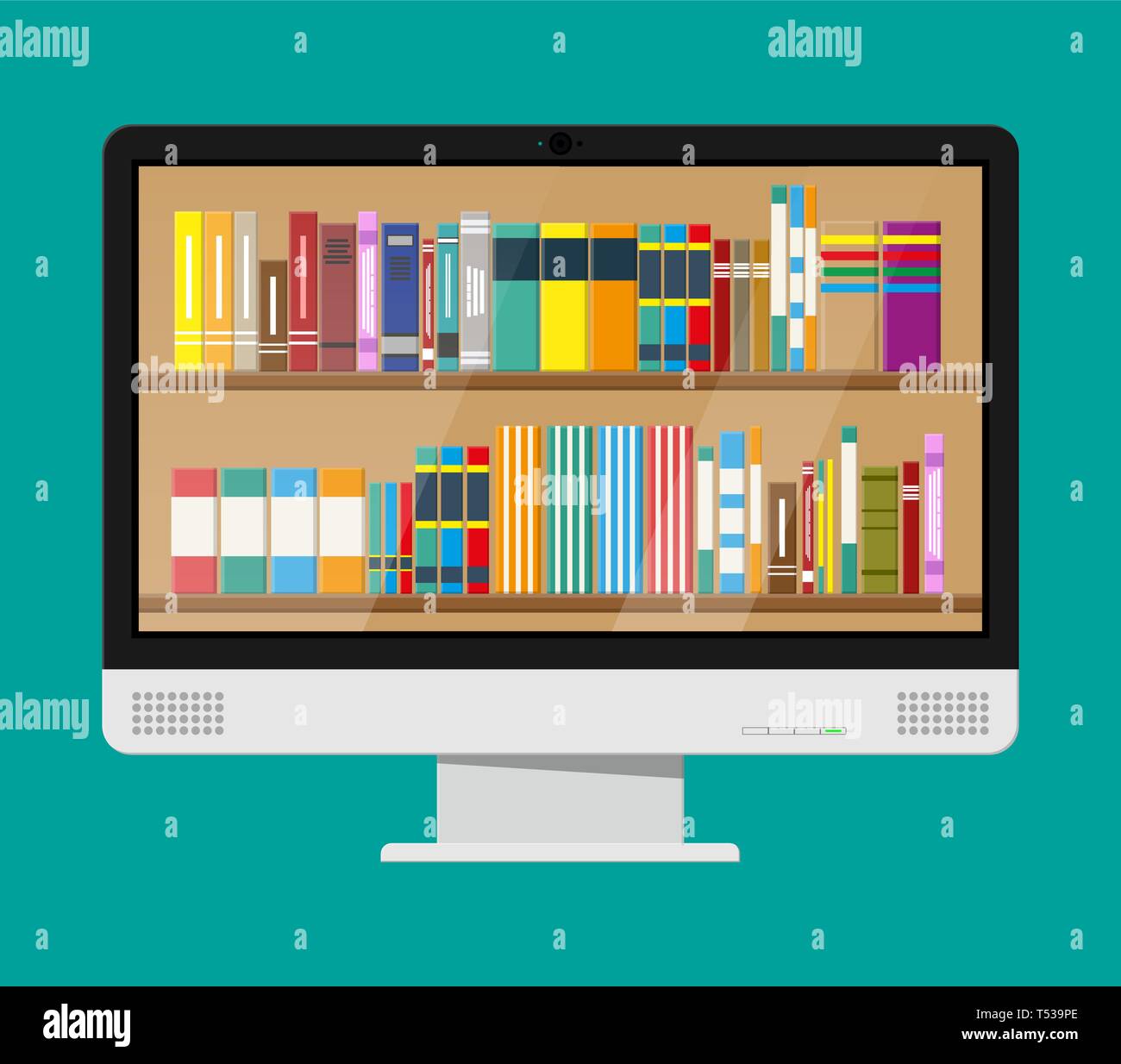 Computer monitor and book shelf. Digital library, online book store, e ...