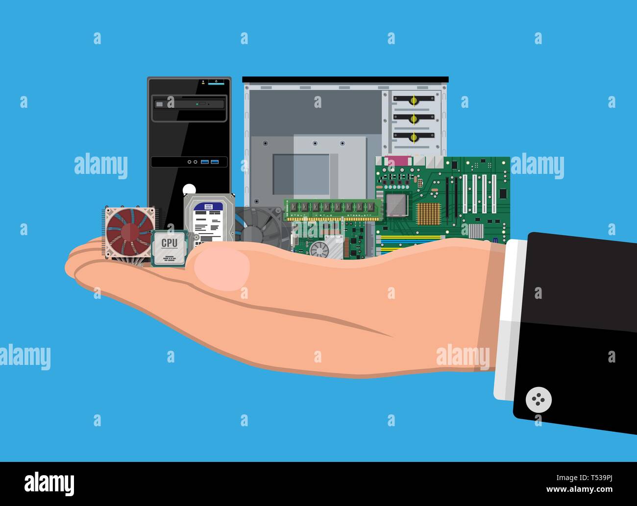 Motherboard, hard drive, cpu, fan, graphic card, memory, screwdriver ...