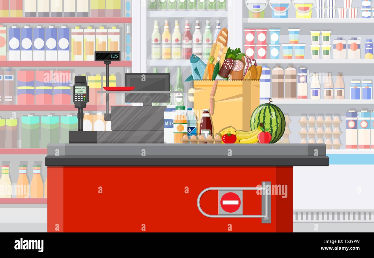 Supermarket store interior with goods. Big shopping mall. Interior ...