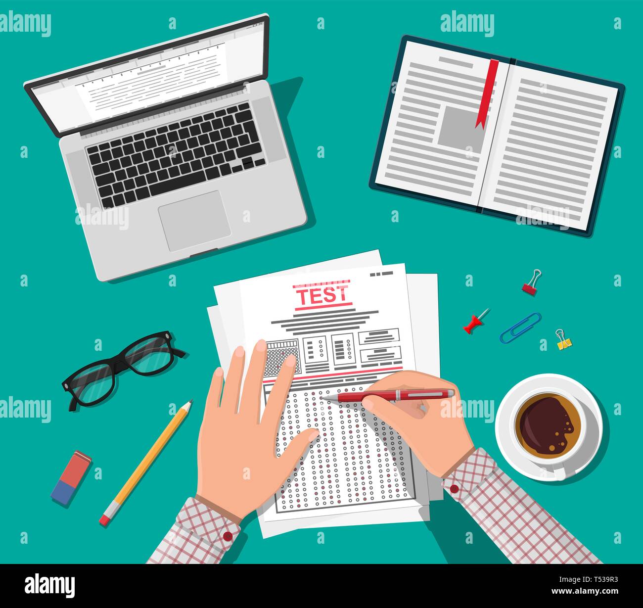 Hands with pen fill survey or exam forms. Answered quiz papers, pile of ...