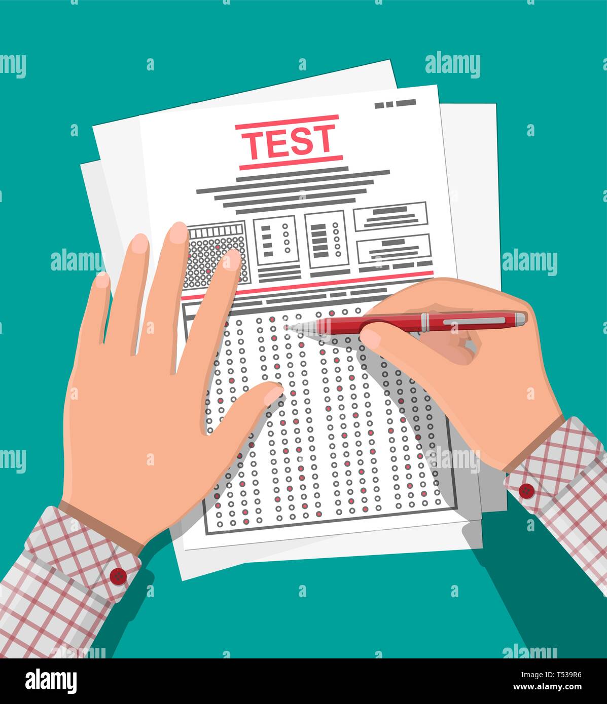 Hands with pen fill survey or exam forms. Answered quiz papers, pile of ...