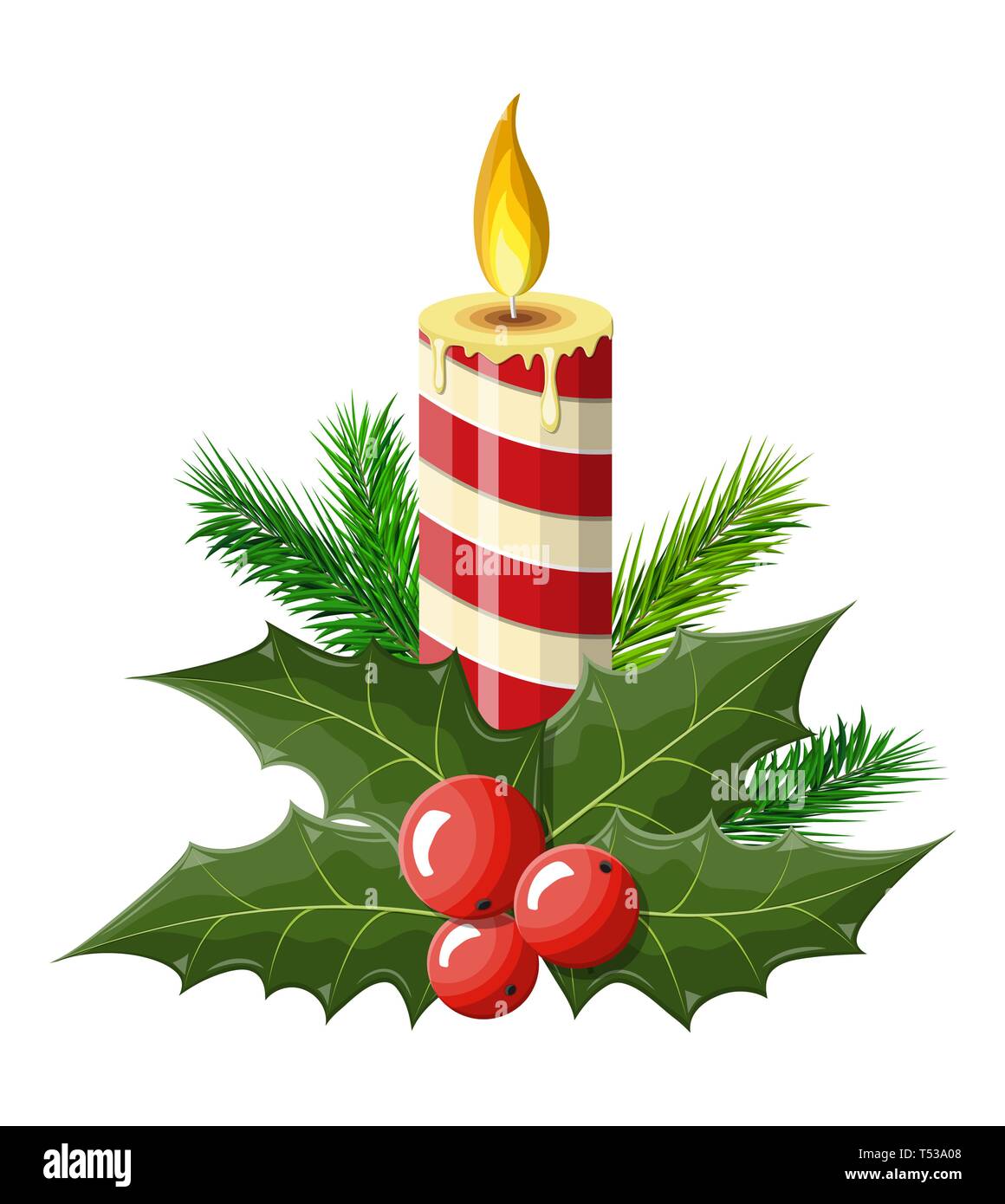 Burning candle, holly leaves and red berries. Happy new year decoration ...