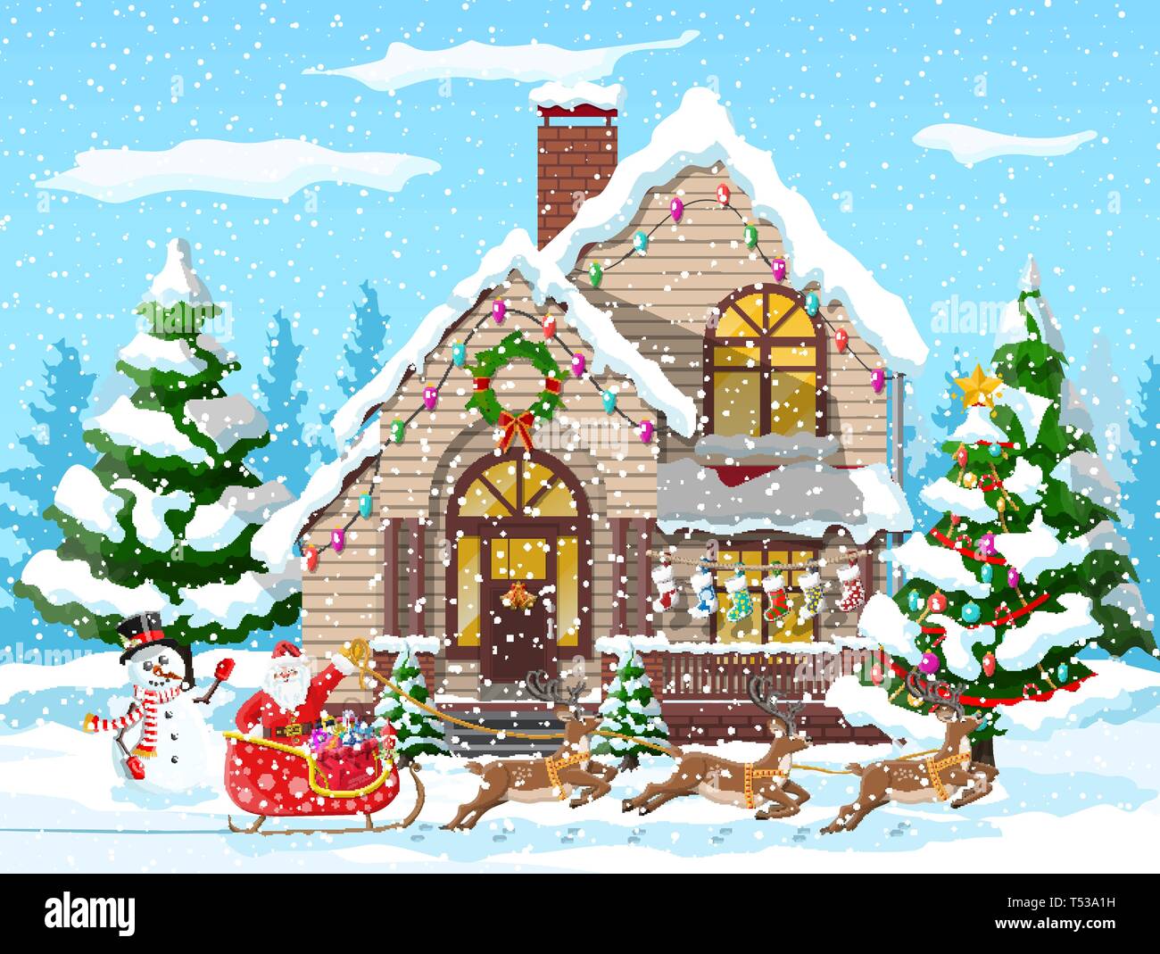 Suburban house covered snow. Building in holiday ornament. Christmas ...