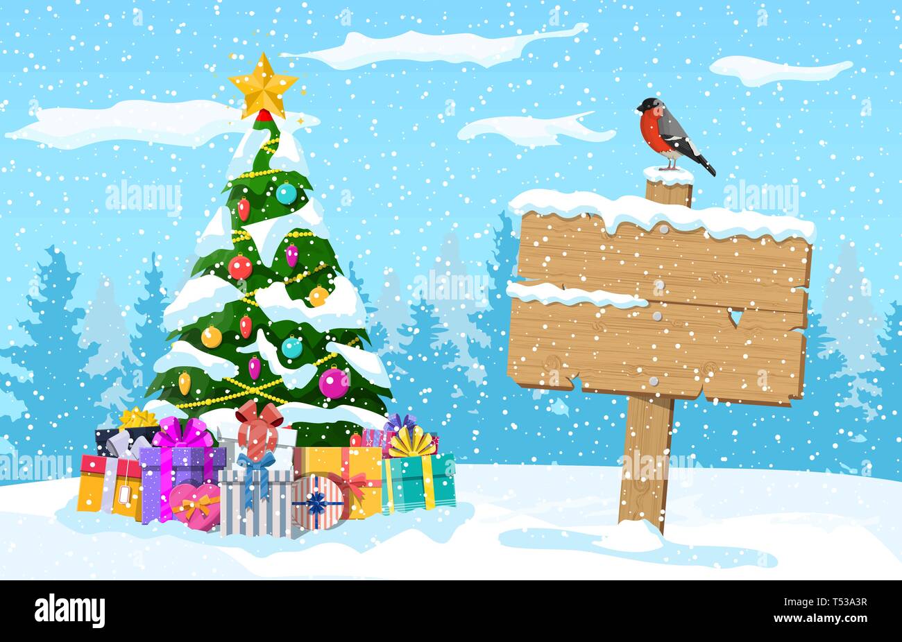 Christmas landscape with tree, gift boxes and wooden signpost with ...